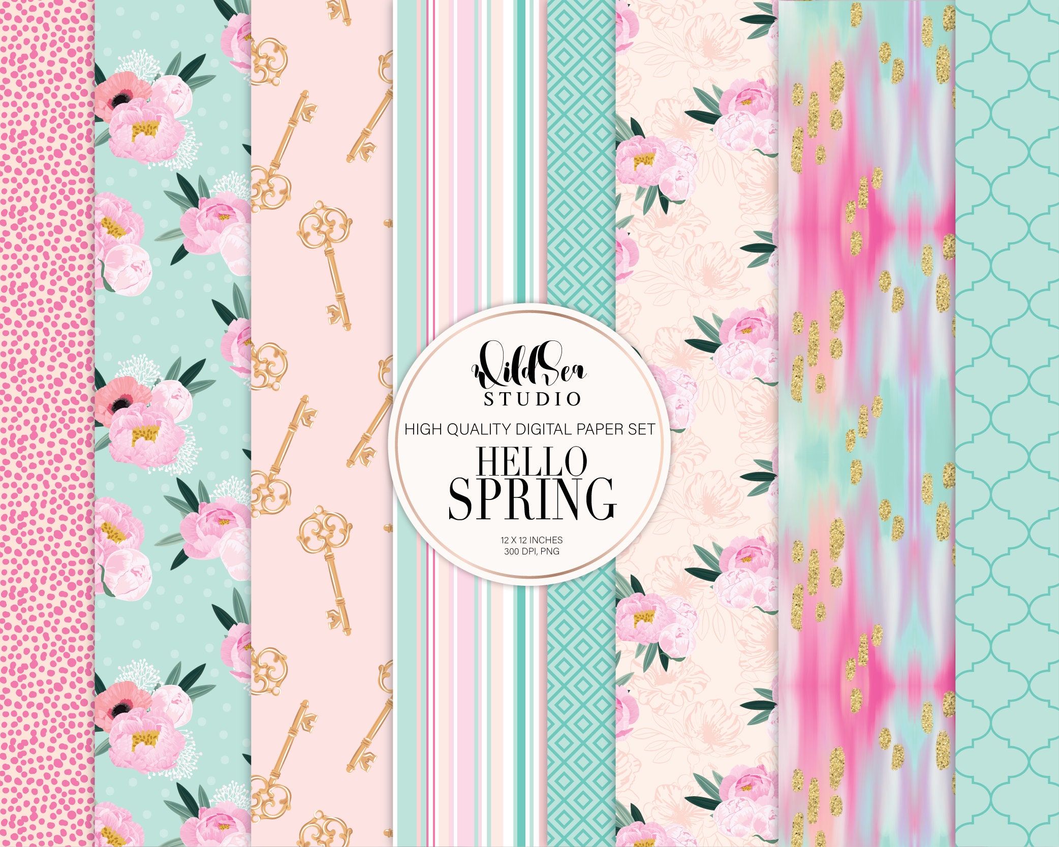 HELLO SPRING Digital Paper set Floral pink mint spring | Etsy