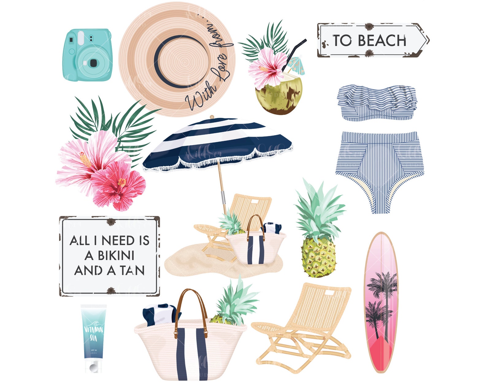 Beach Vacation Clipart Set Beach Fashion Girls Bikini | Etsy