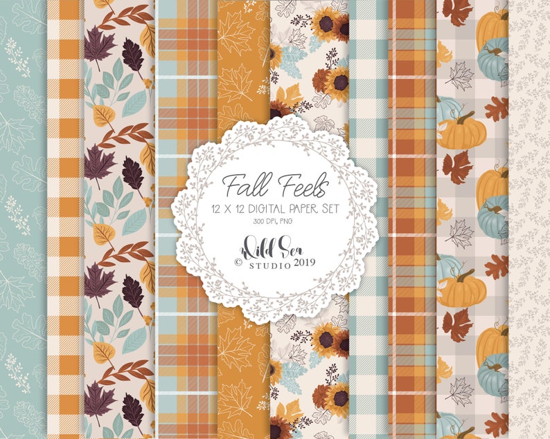 Fall Digital Papers, 12 X 12 Repeatable Patterns, Plaid, Floral, Leaves ...