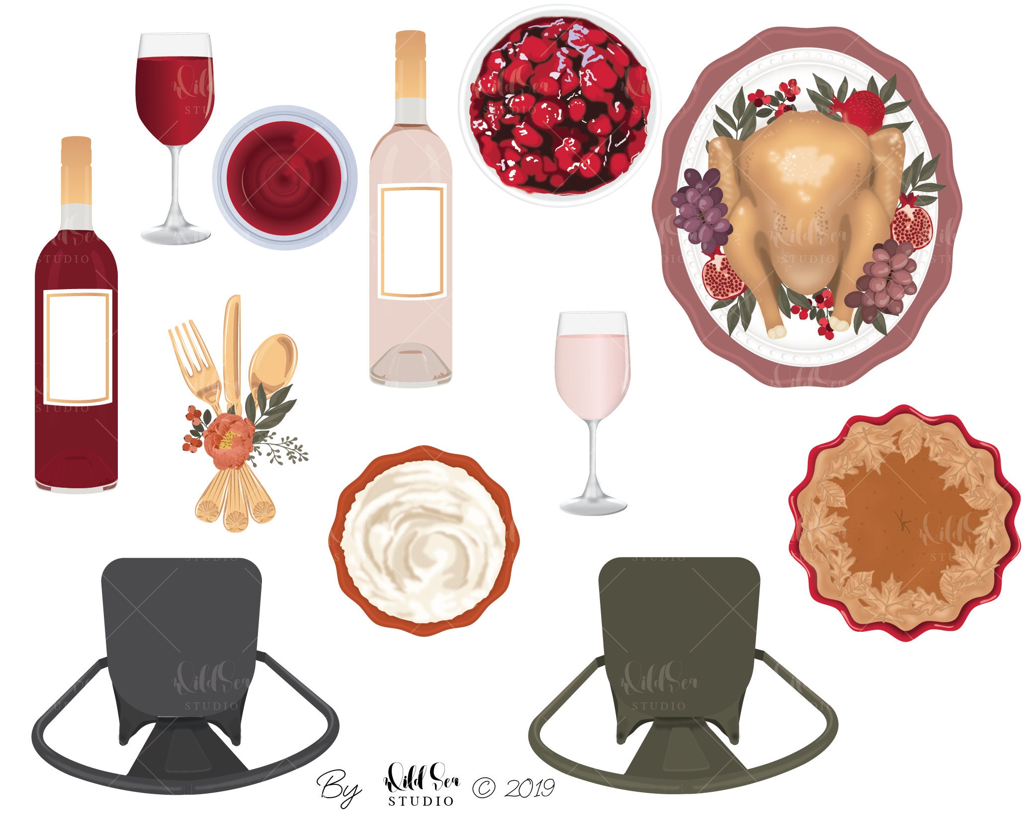 Thanksgiving Dinner clipart set fall florals pumpkins wine | Etsy