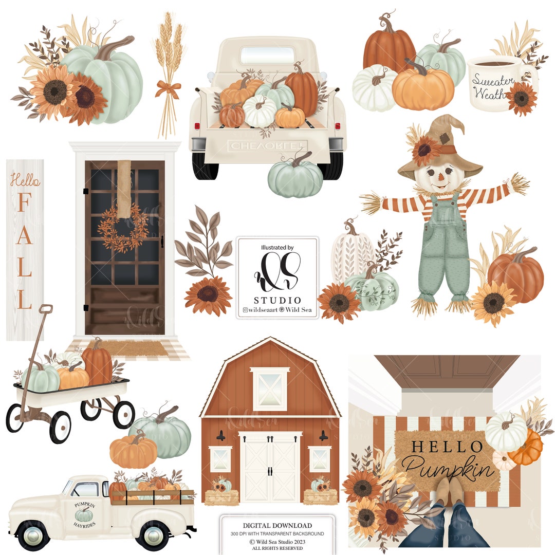 Fall Pumpkin Patch Clipart Set, Scarecrow, Farmhouse, Autumn, Pumpkins ...