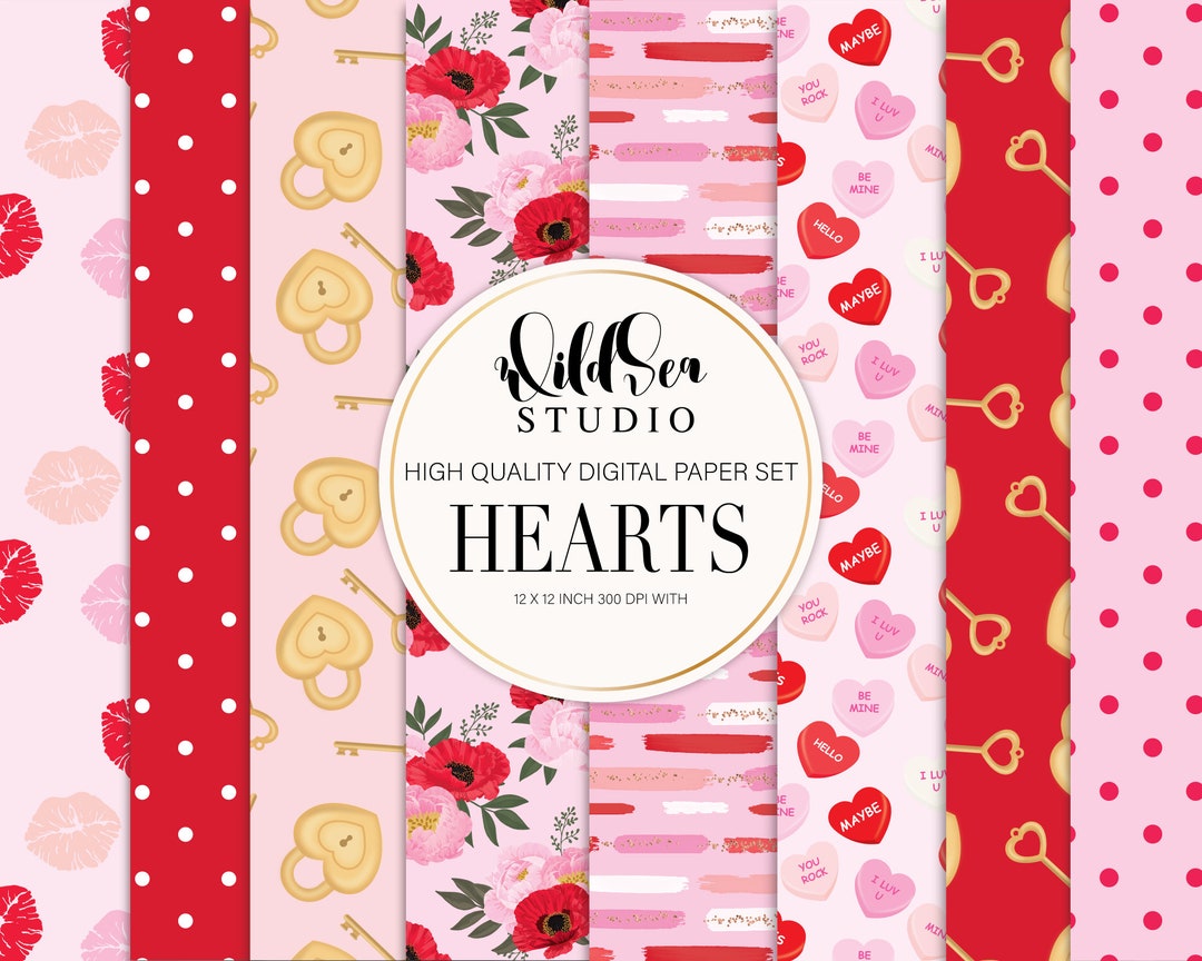 Hearts Valentines Digital Paper Set, Pink and Red, Floral - Etsy