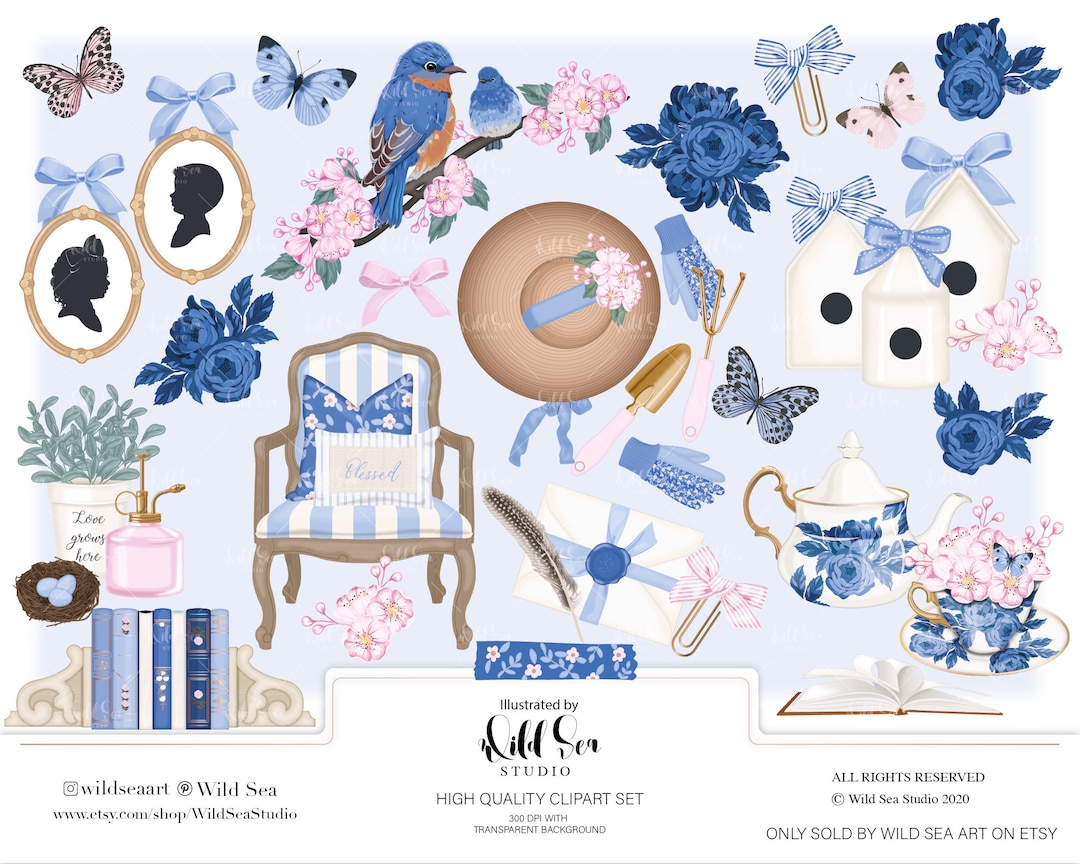 Mother's Day Clipart Set, Printable Art, Pink and Blue Spring, Digital ...