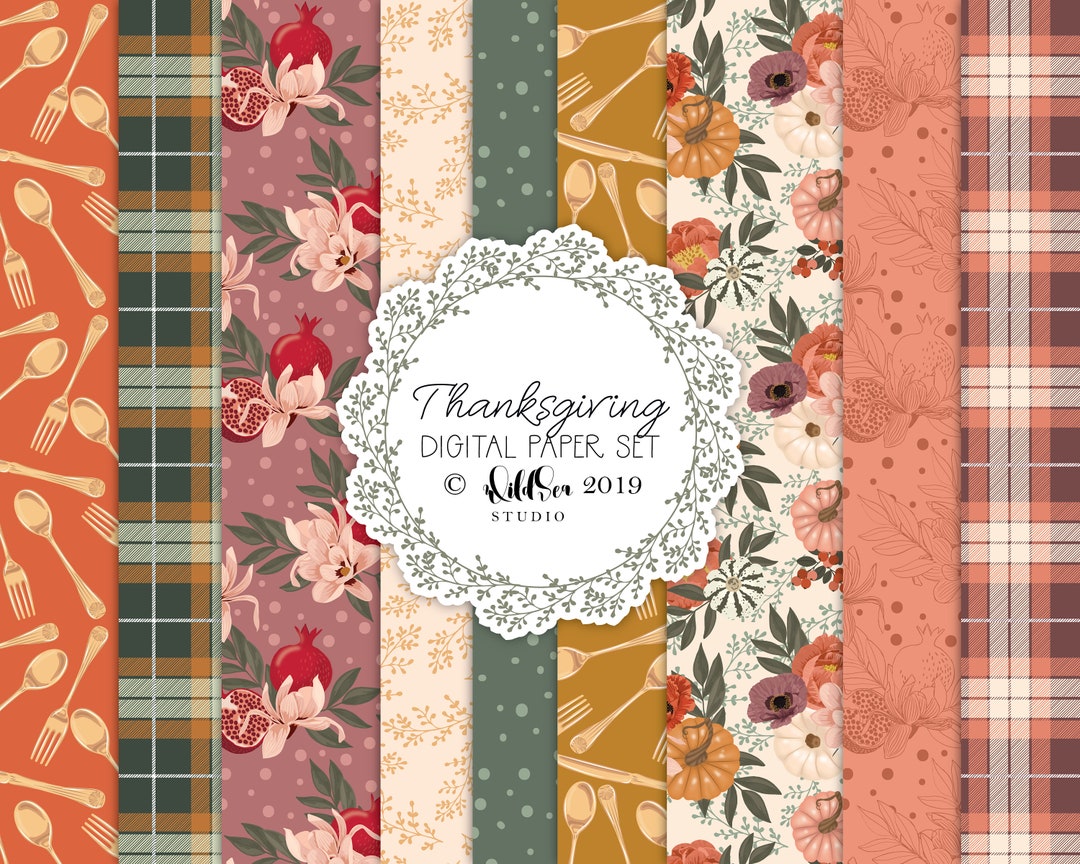 Thanksgiving Digital Paper Set, Fall Florals, Pumpkins, Plaid - Etsy
