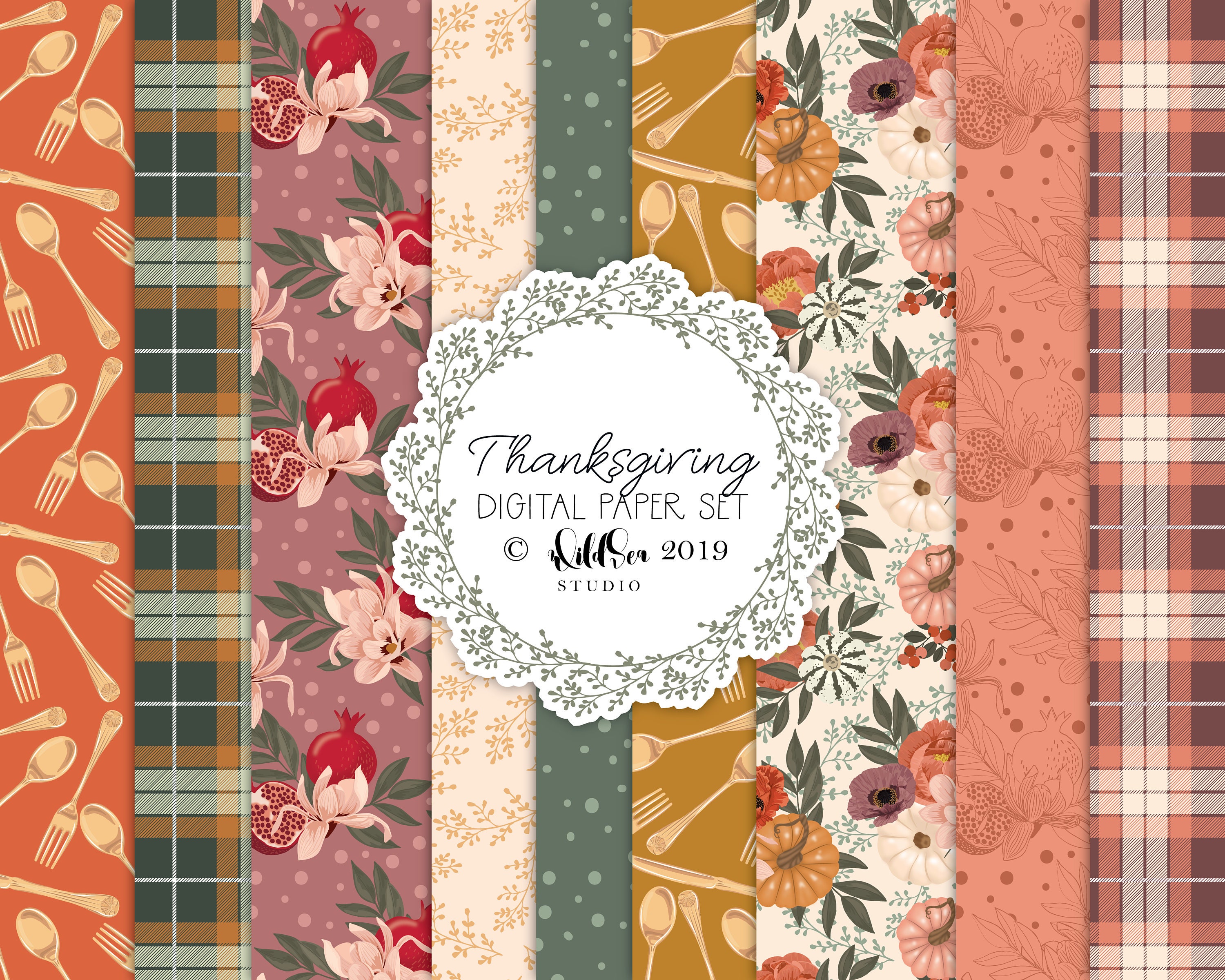 Thanksgiving Digital Paper Set Fall Florals Pumpkins Plaid | Etsy