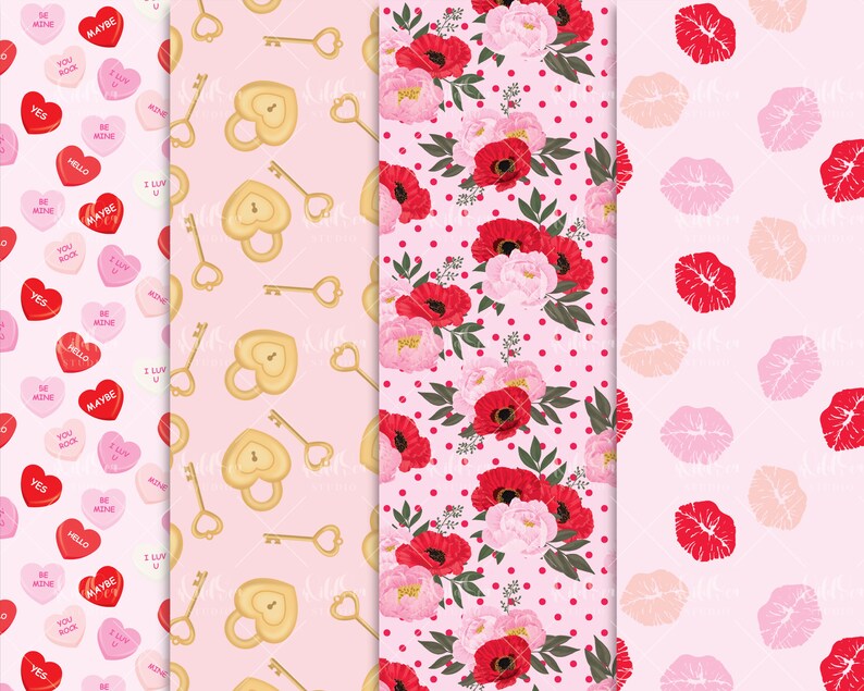 Hearts Valentines Digital Paper Set, Pink and Red, Floral - Etsy