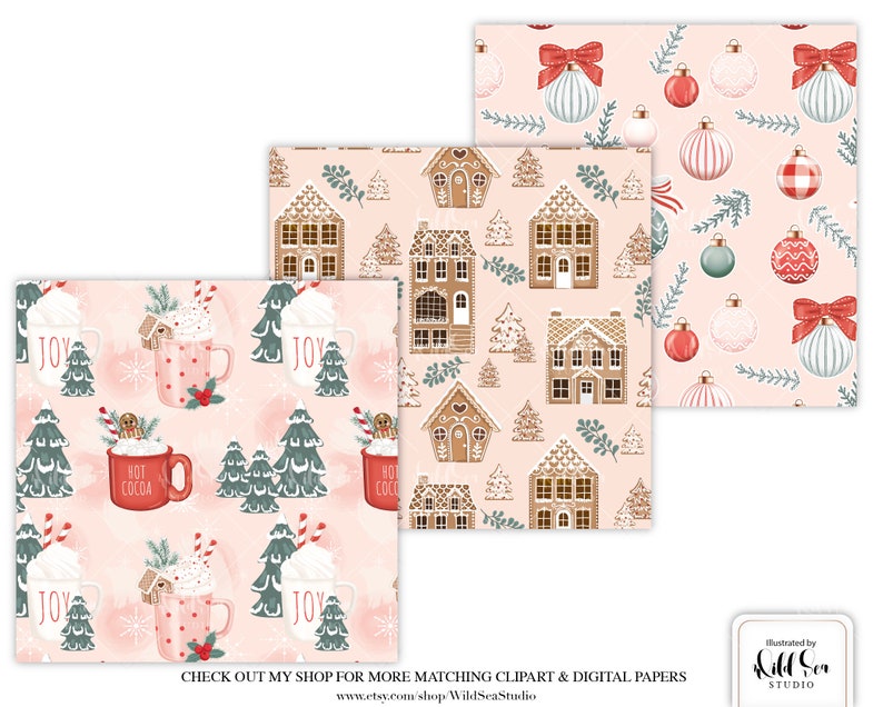 Christmas Digital Paper Set, Gingerbread Houses, Ornaments, Holiday ...