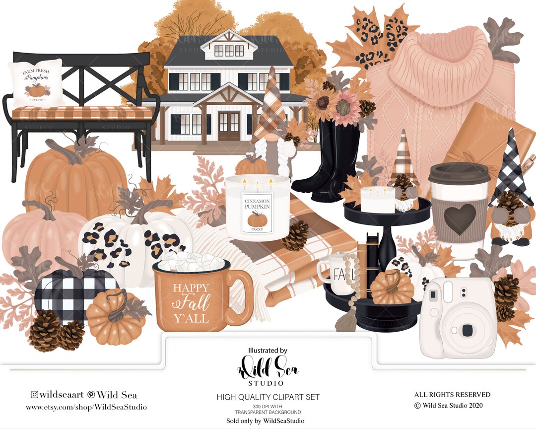Happy Fall Farmhouse Clipart Set, Gnomes, Farmhouse, Autumn, Pumpkins ...