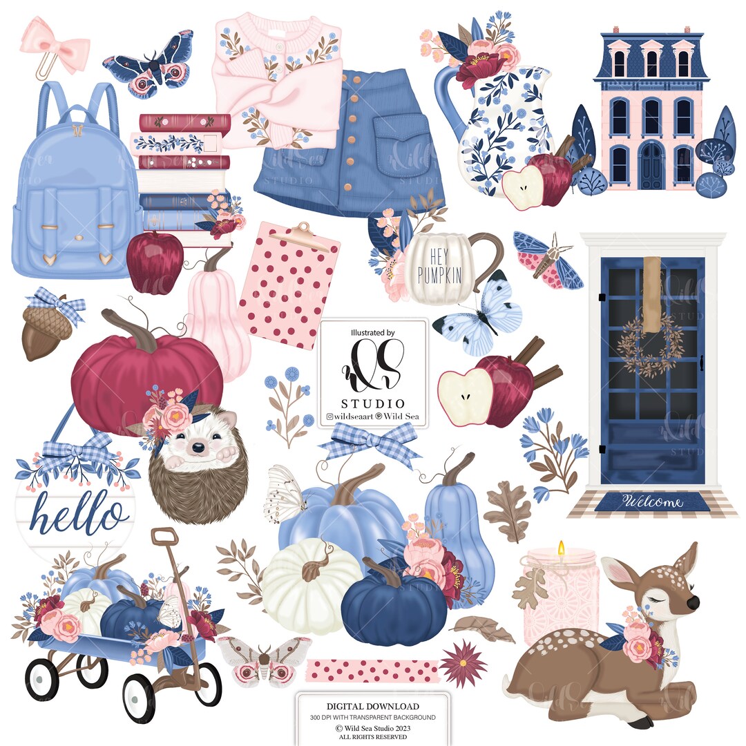 Fall Fable Clipart Set, Girly, Floral, Pumpkins, Apples, Autumn, Pink ...