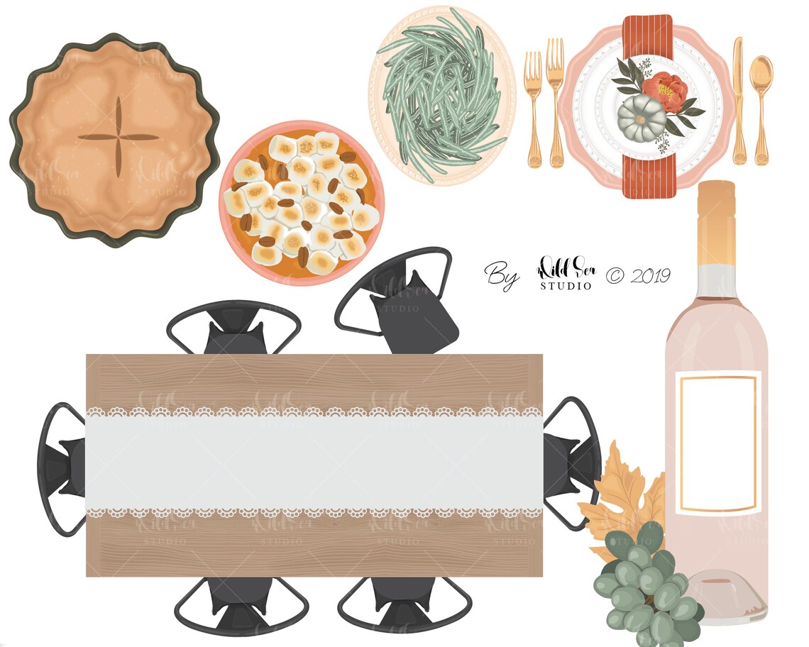 Thanksgiving Dinner Clipart Set Fall Florals Pumpkins Wine | Etsy