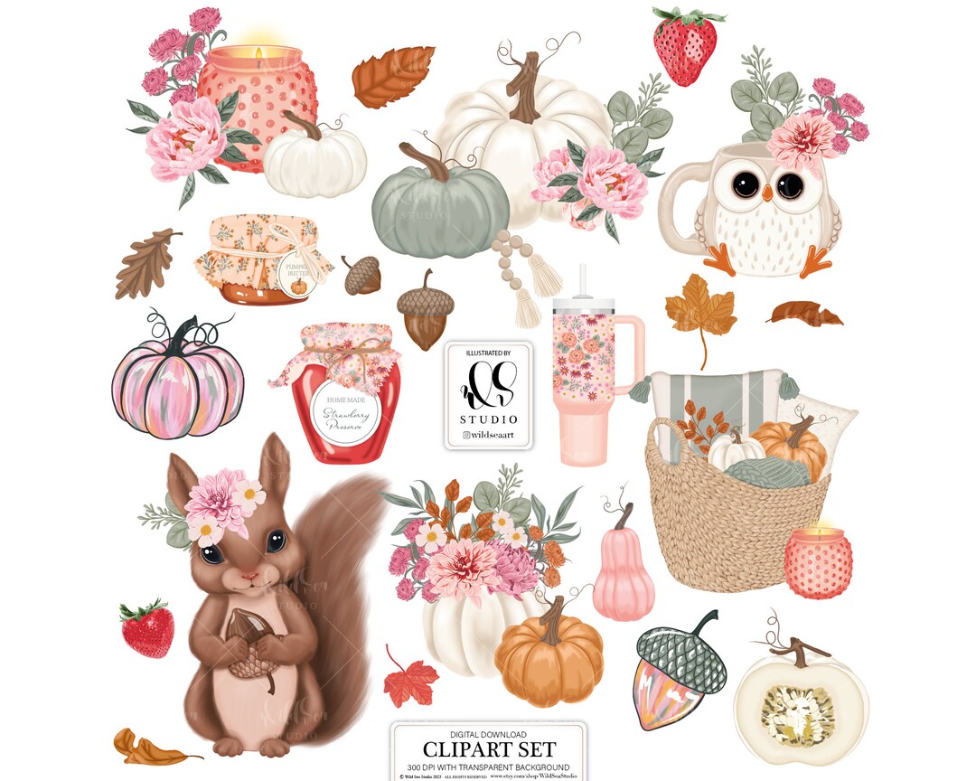 Cozyfall Clipart Set, Digital Download, Printable Art, Pink, Orange ...