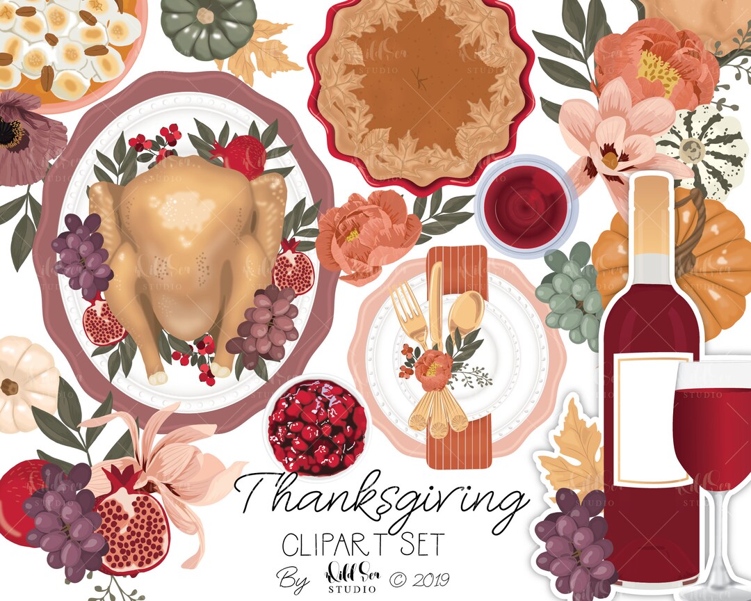 Thanksgiving Dinner Clipart Set, Fall Florals, Pumpkins, Wine, Turkey ...