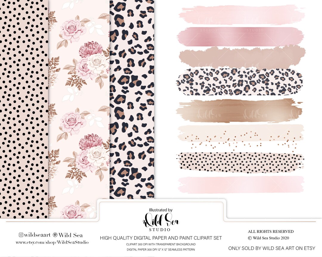 Fashion Girl Digital Paper Set and Paint Stroke Clipart Bundle, Clip ...
