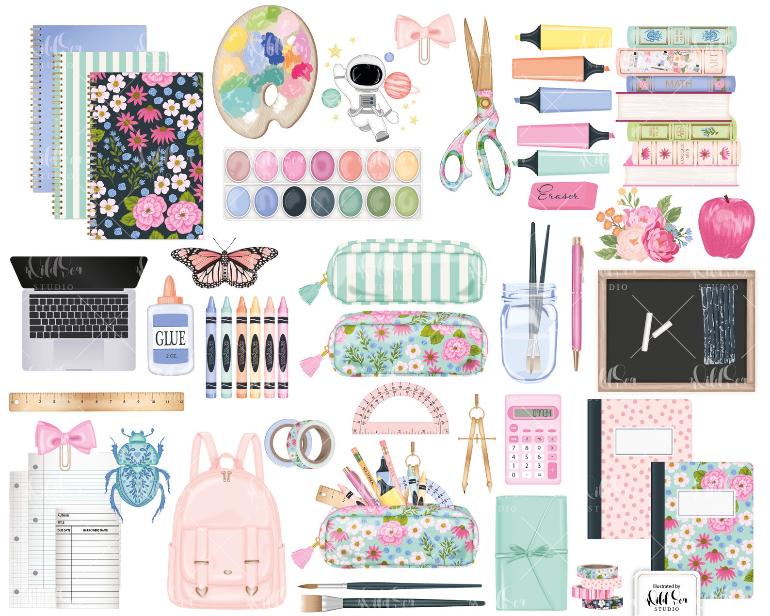 Back to School Clipart Set, Digital Download, Printable Art, Pink, Aqua ...