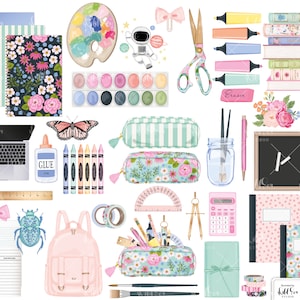Back to School Clipart Set, Digital Download, Printable Art, Pink, Aqua ...