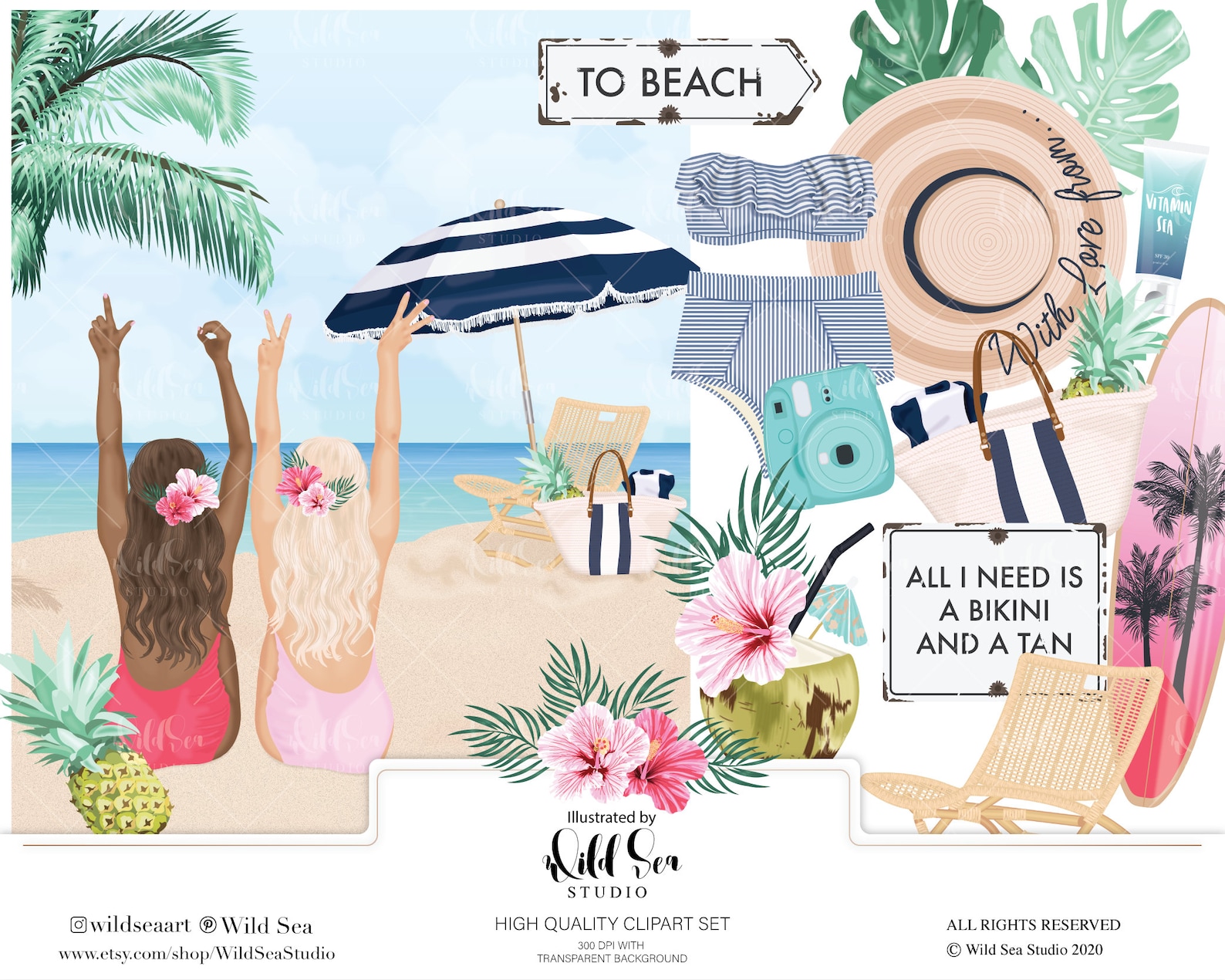 Beach Vacation Clipart Set Beach Fashion Girls Bikini | Etsy