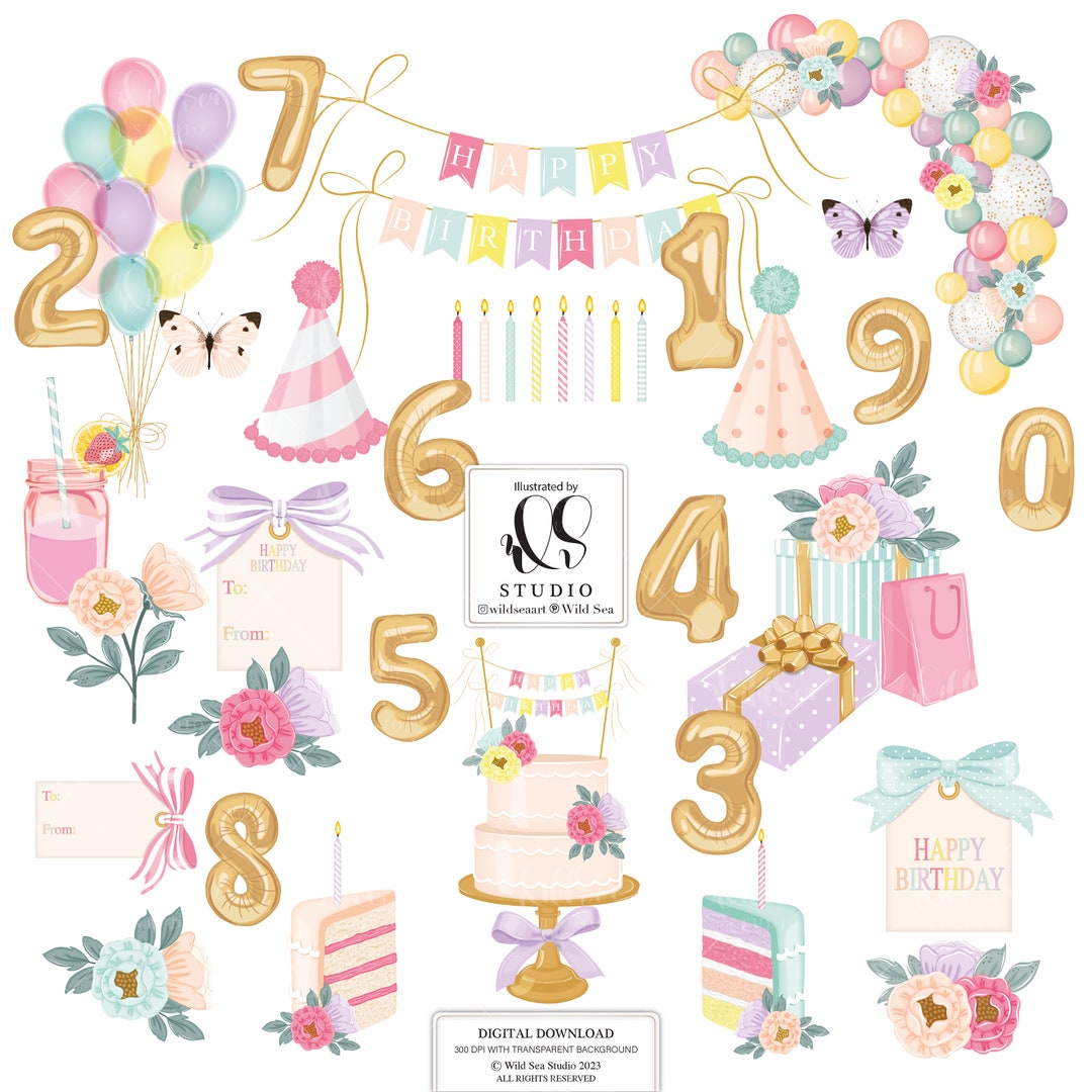 Birthday Clipart Set, Printable Art, Pink and Purple Floral, Planner ...