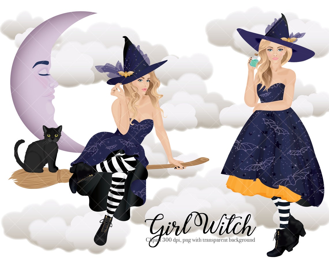 Girl Witch Halloween Clipart Set Instant Digital Download - Etsy
