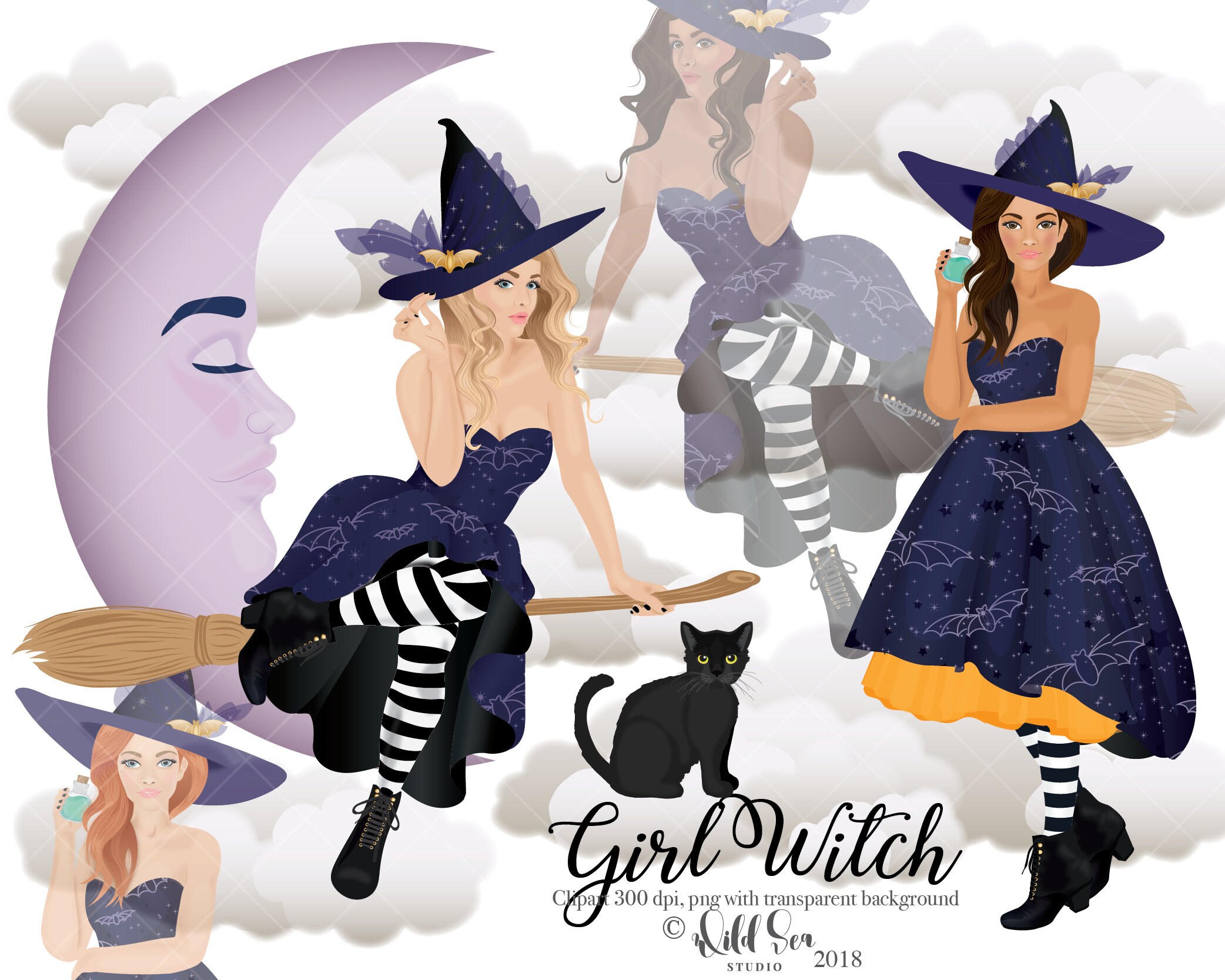 Girl Witch Halloween Clipart Set Instant Digital Download | Etsy