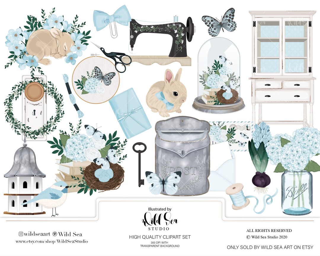 Spring Farmhouse Clip Art, , Printable Art, Blue Floral, Planner Girl ...