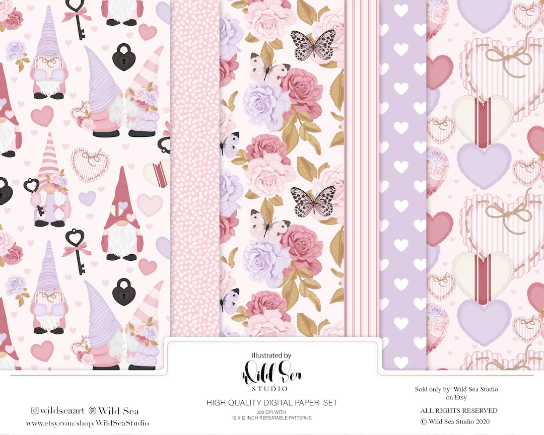Be Mine Digital Paper Set, Valentine, Gnome, Printable, Floral, Planner ...