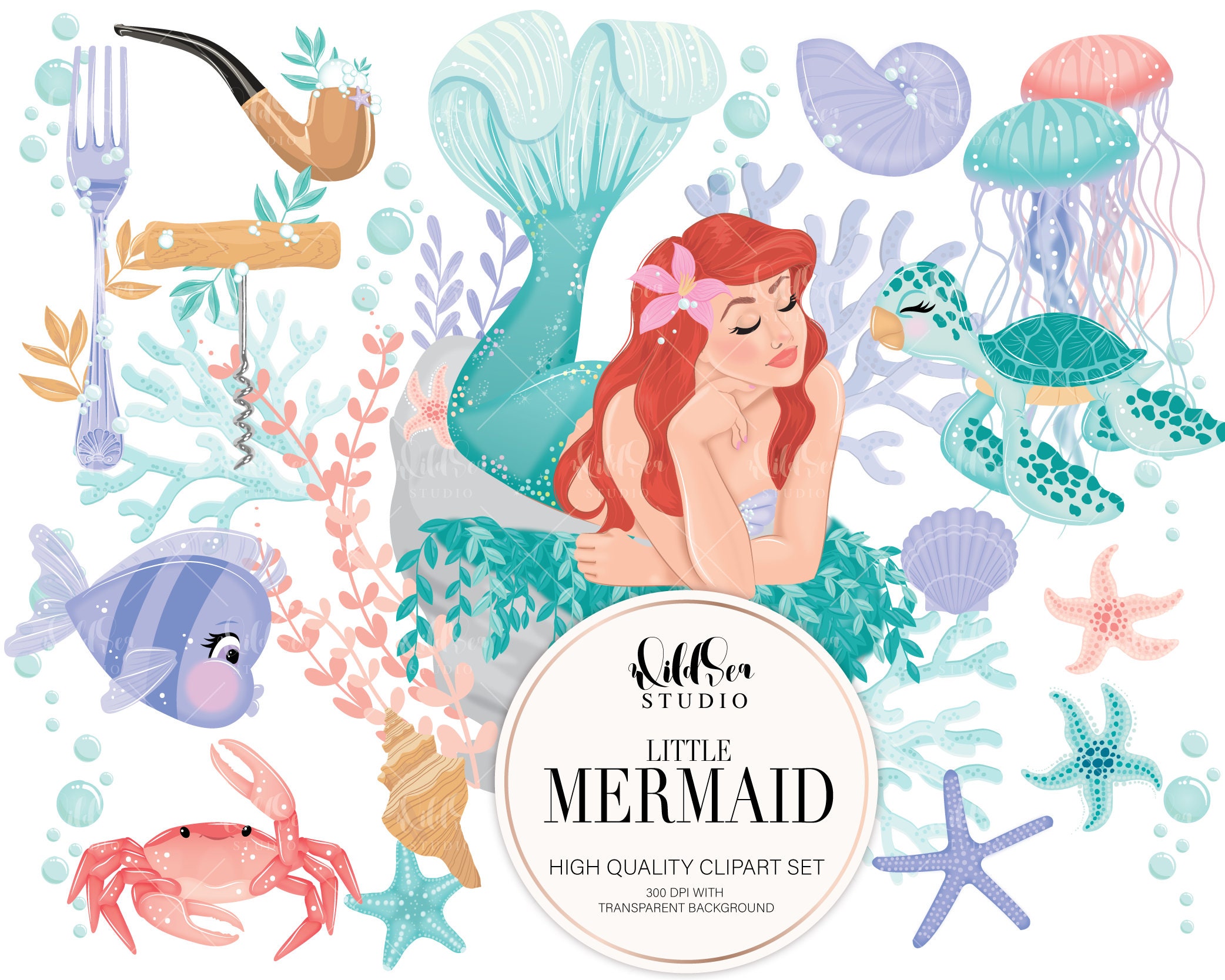 Little Mermaid Clipart Set Mermaids Starfish Seashells Sea - Etsy India