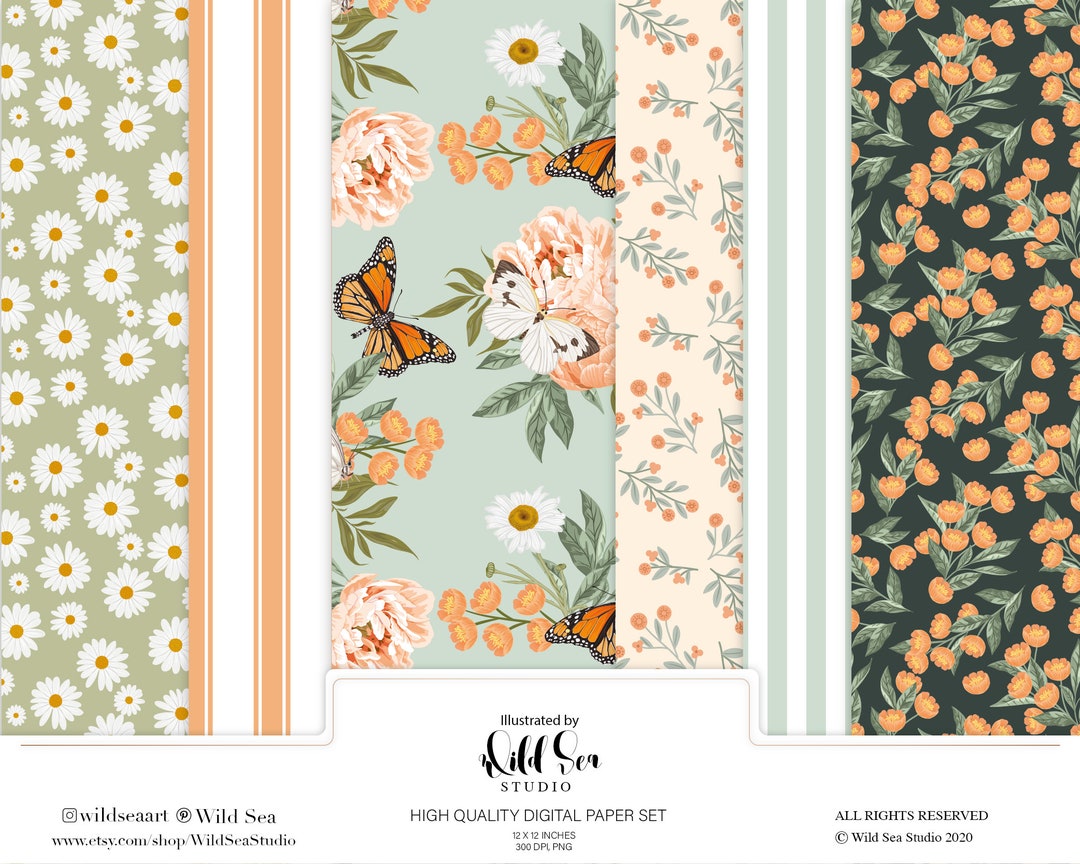 Spring Garden Digital Paper Set, Printable Art, Spring Clipart, Planner ...