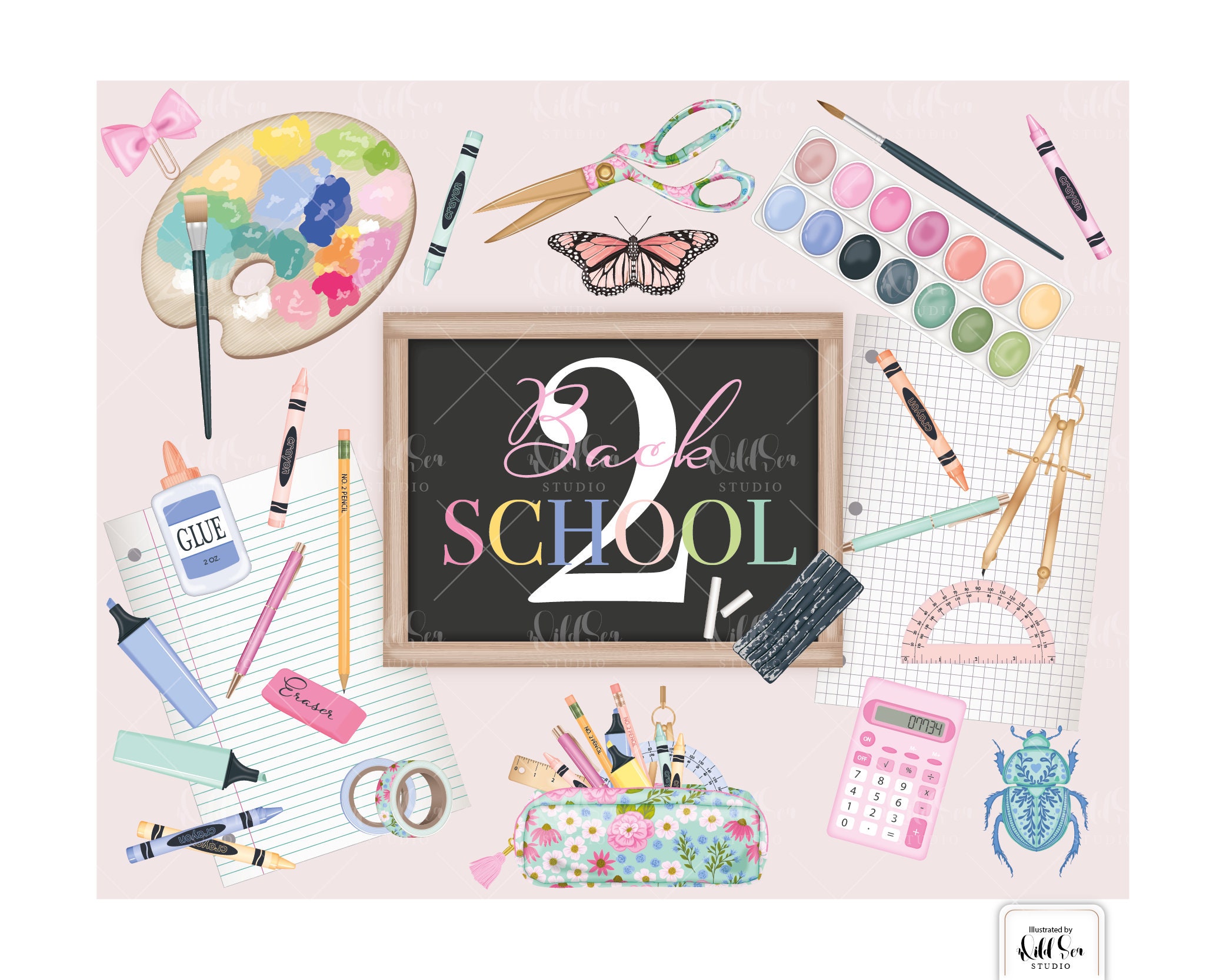 Back to School Clipart Set, Digital Download, Printable Art, Pink, Aqua ...