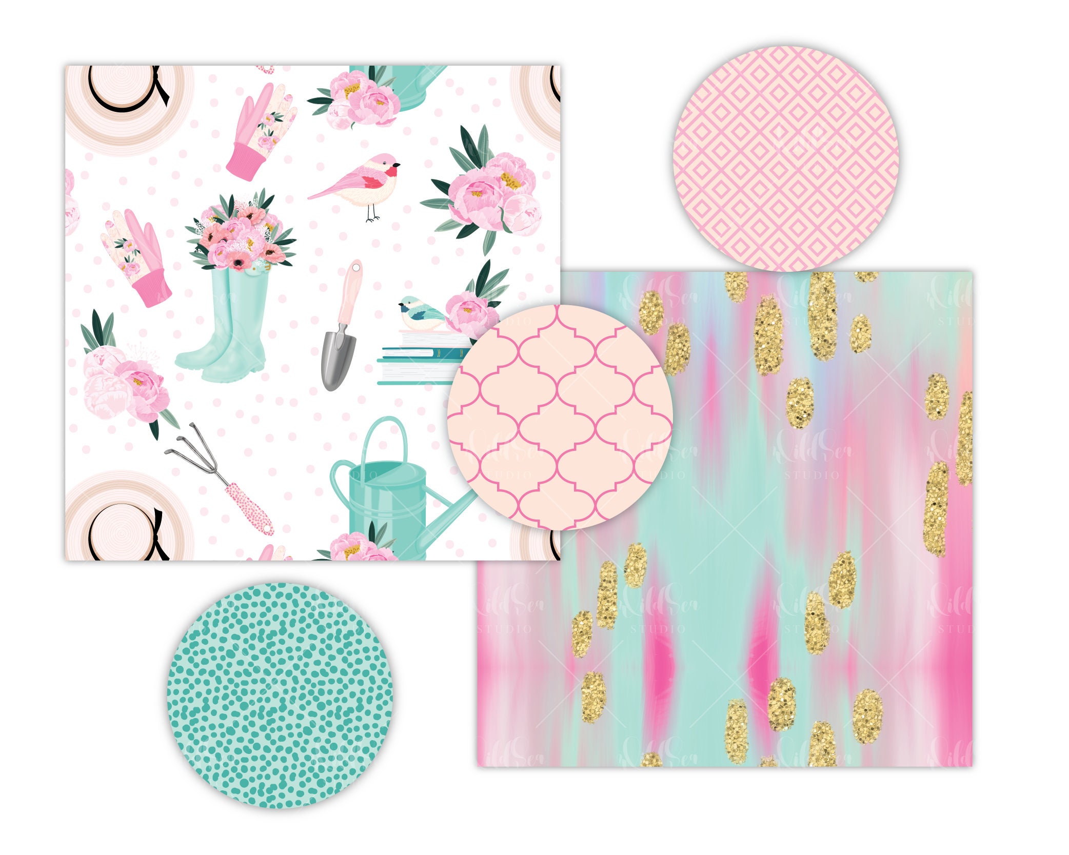 HELLO SPRING Digital Paper set Floral pink mint spring | Etsy