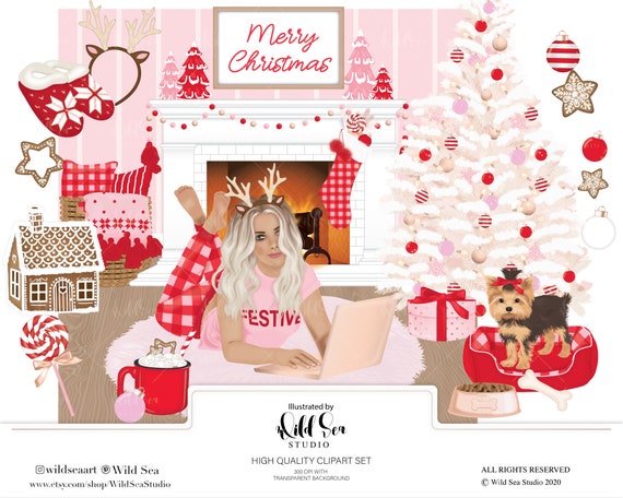 Festive Holliday Christmas Clipart Set Pink and Red - Etsy