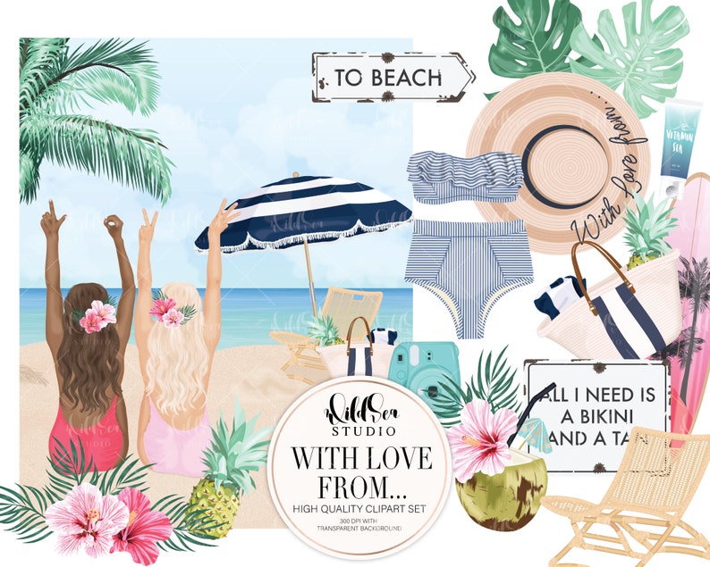 Beach Vacation Clipart Set Beach Fashion Girls Bikini | Etsy