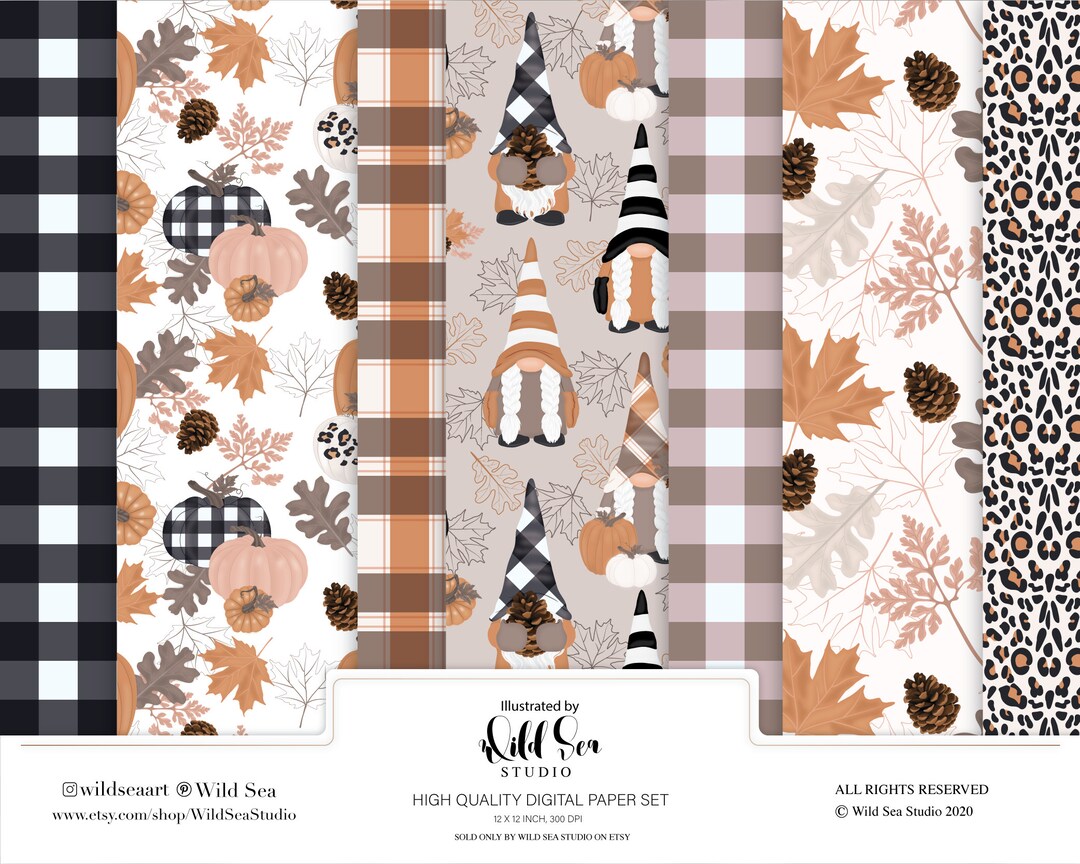 Happy Fall Farmhouse Digital Paper Set, Gnomes, Floral, Buffalo Plaid ...