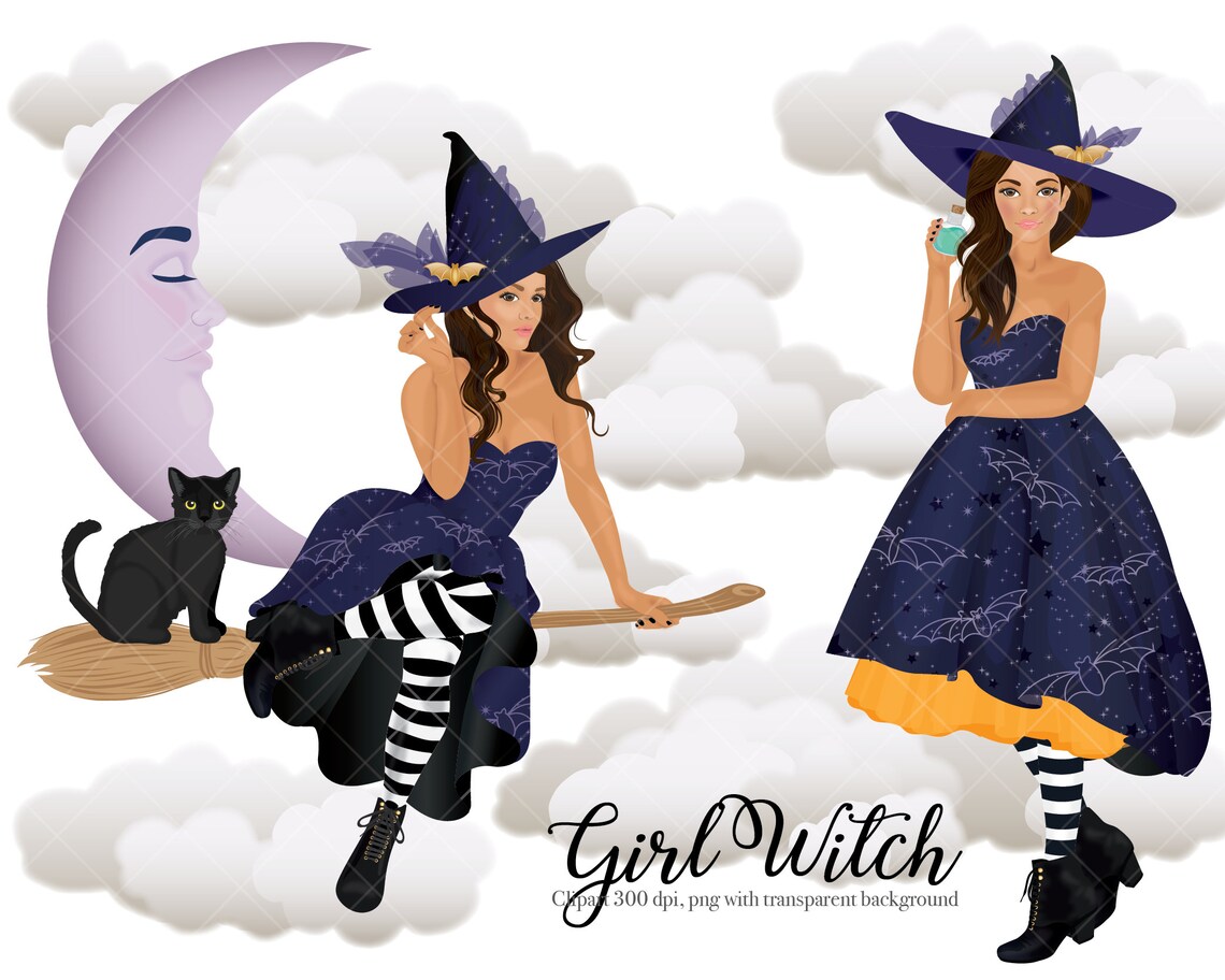 Girl Witch Halloween Clipart Set Instant Digital Download - Etsy
