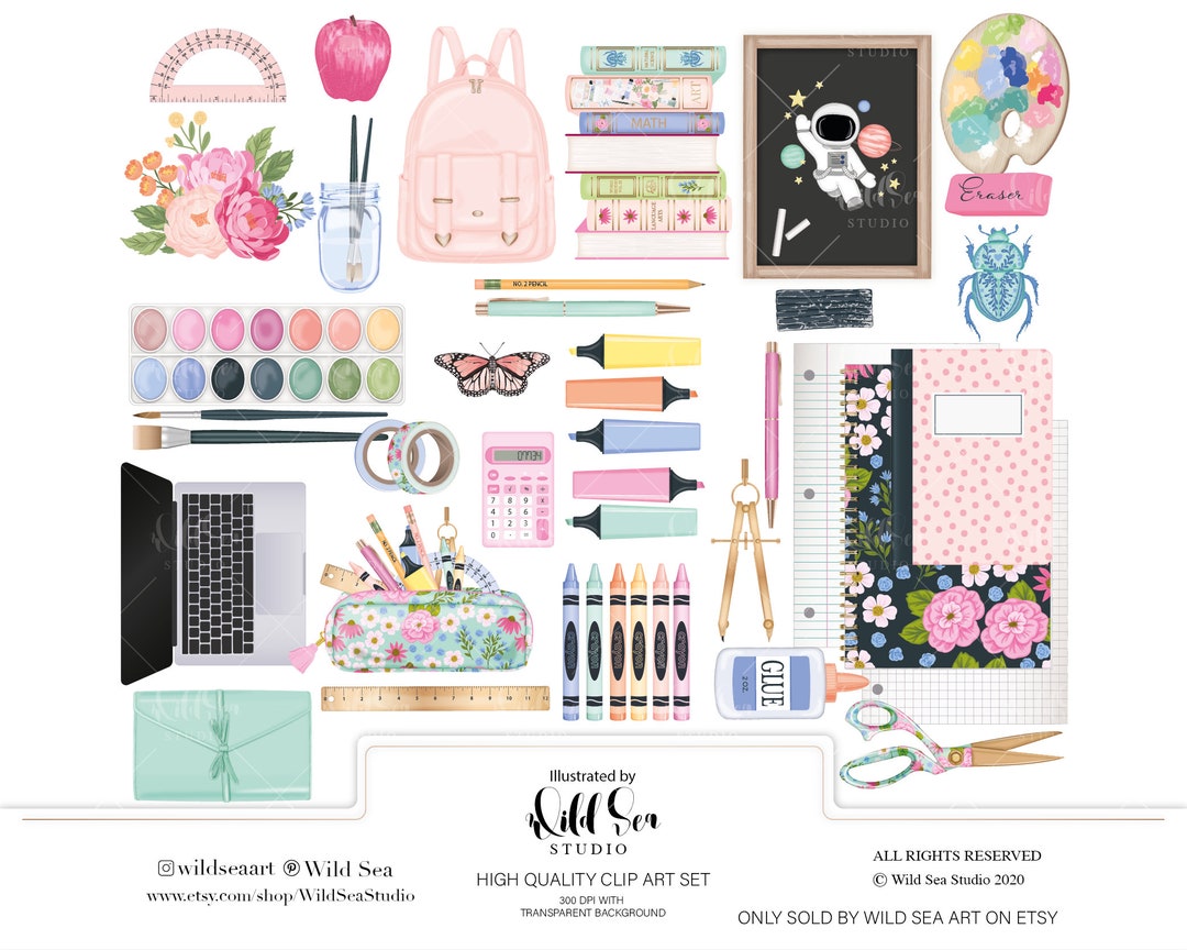 Back to School Clipart Set, Digital Download, Printable Art, Pink, Aqua ...