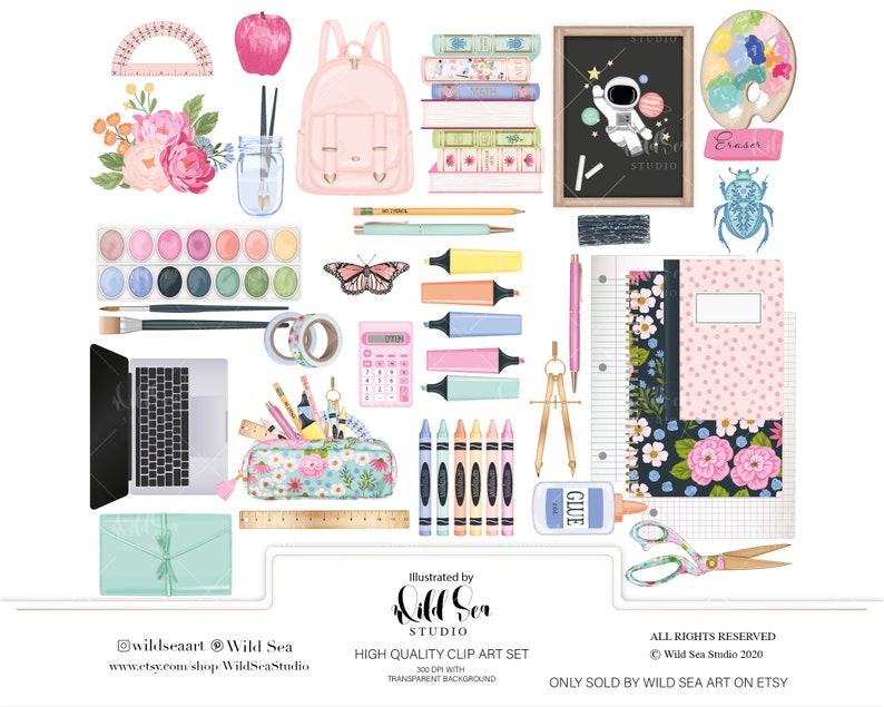 Back to School Clipart Set, Digital Download, Printable Art, Pink, Aqua ...