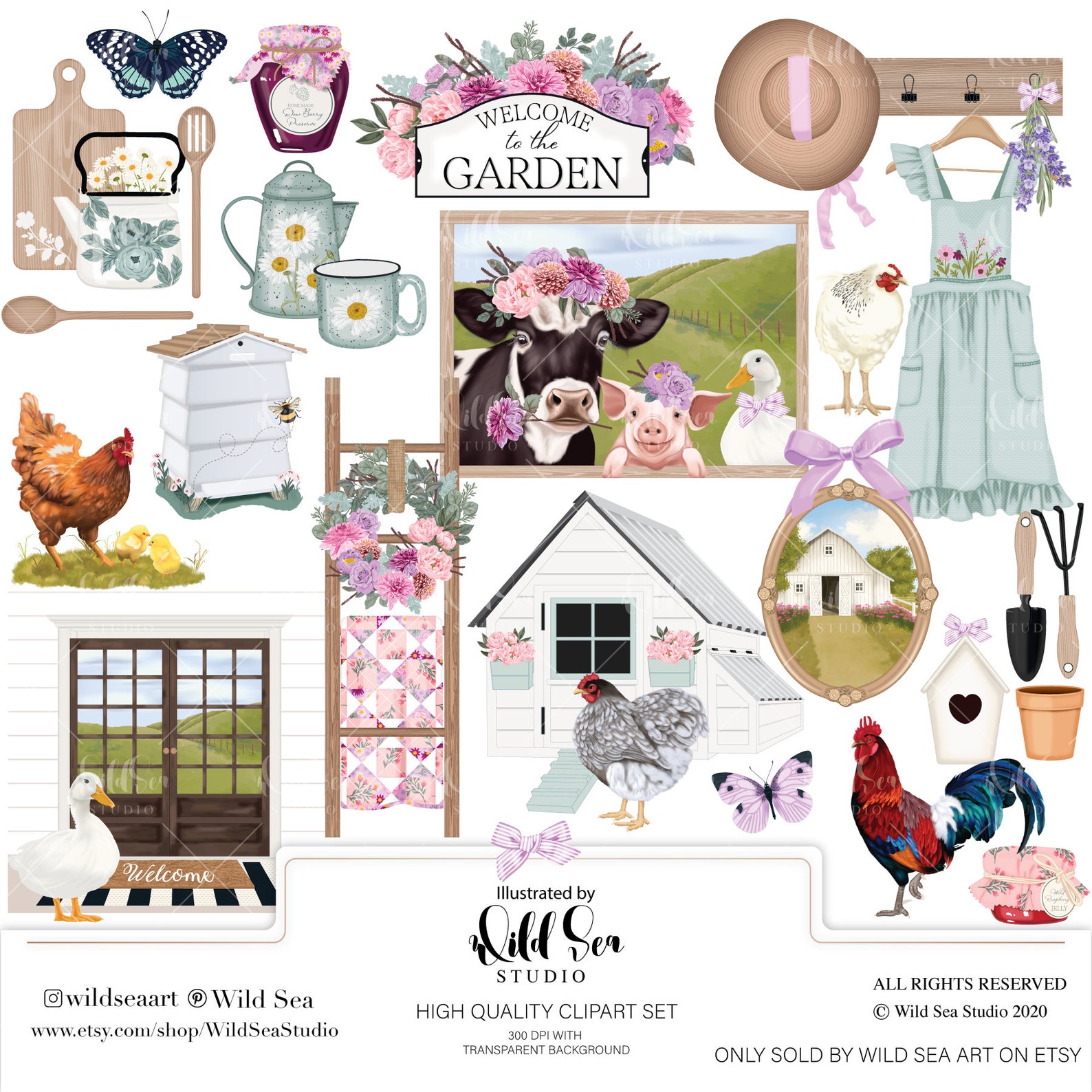 Farmhouse Clipart Set, Digital Download, Printable Art, Cute, Chickens ...