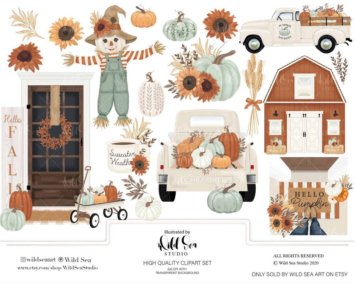 Fall Pumpkin Patch Clipart Set Scarecrow Farmhouse Autumn - Etsy