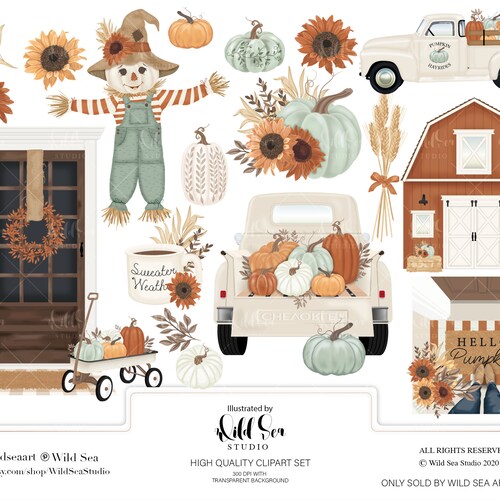 Fall Pumpkin Patch Clipart Set Scarecrow Farmhouse Autumn - Etsy