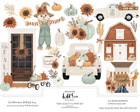 Fall Pumpkin Patch Clipart Set Scarecrow Farmhouse Autumn | Etsy