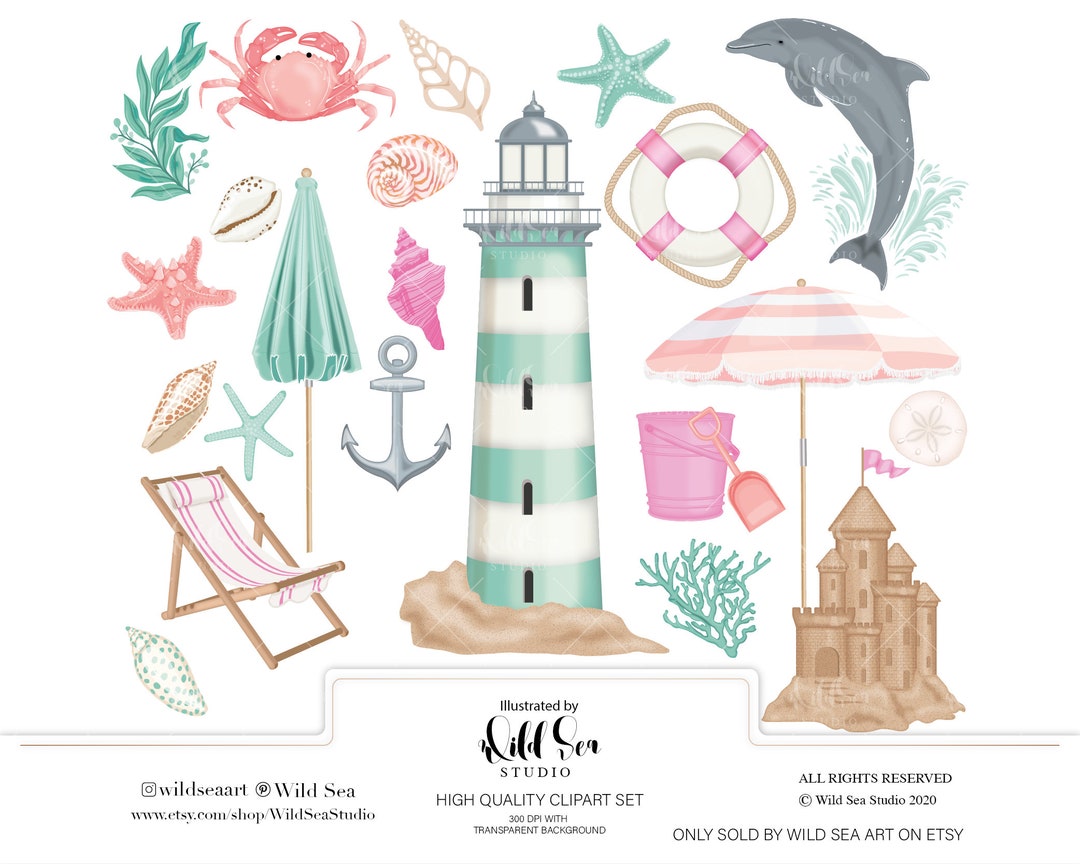 Beach Clipart Set, Digital Download, Printable Art, Pink, Blue, Teal ...