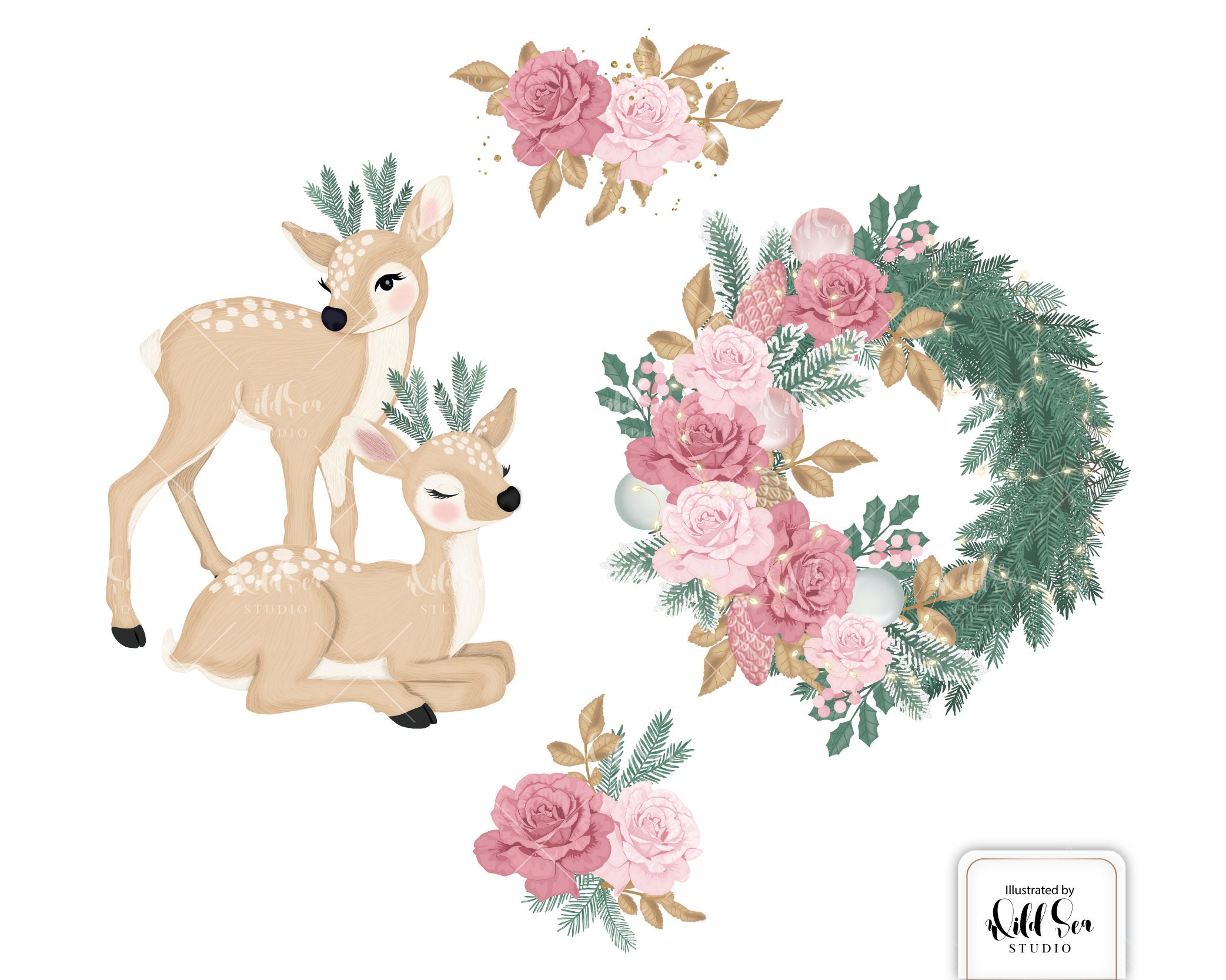 Christmas Pink Winter Clipart Set, Deer, Roses, Floral, - Etsy