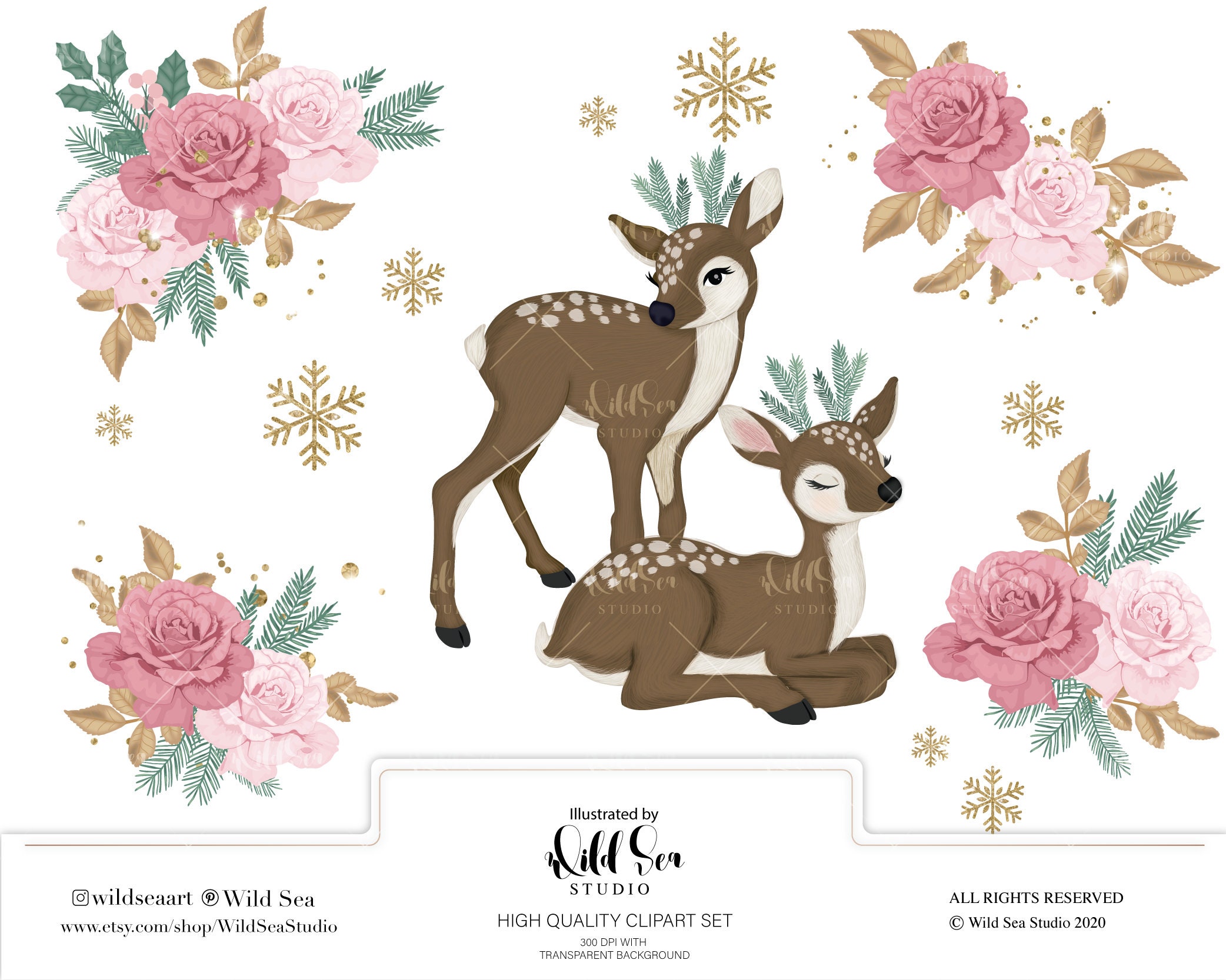 Christmas Pink Winter Clipart Set, Deer, Roses, Floral, - Etsy