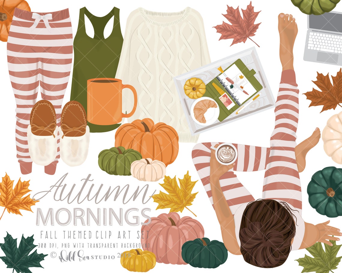 Autumn Mornings Clip Art Set Fall Fashion Pumpkin - Etsy