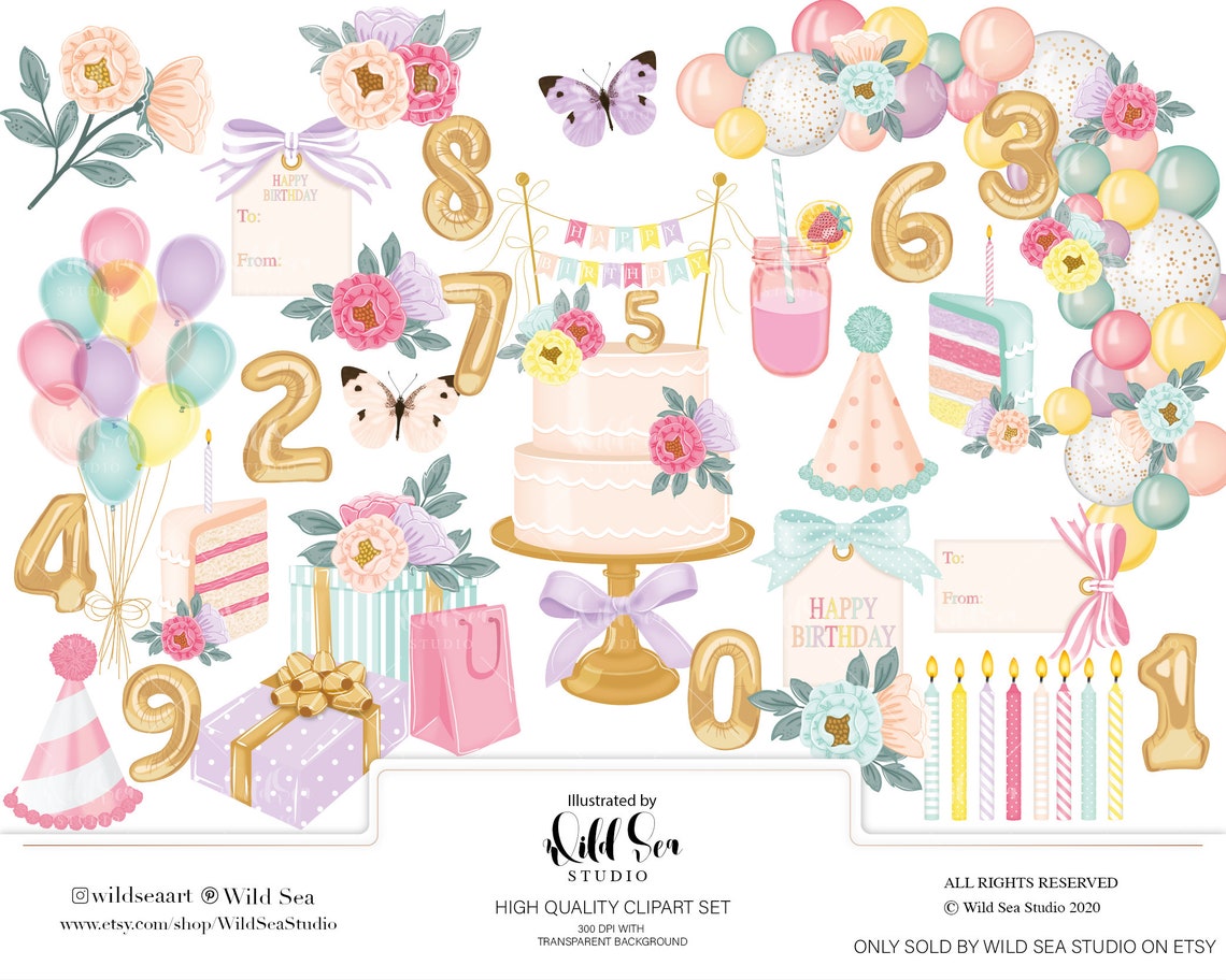 Birthday Clipart Set Printable Art Pink and Purple Floral - Etsy