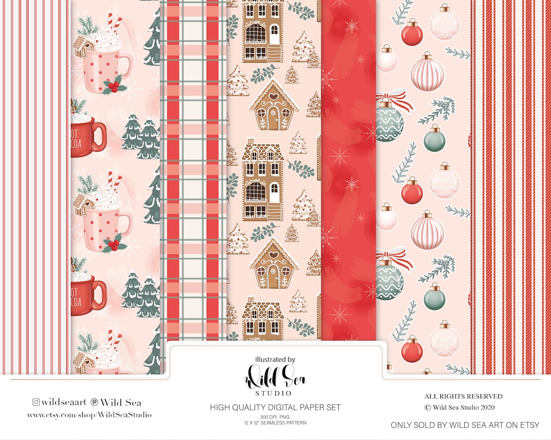 Christmas Digital Paper Set, Gingerbread Houses, Ornaments, Holiday ...