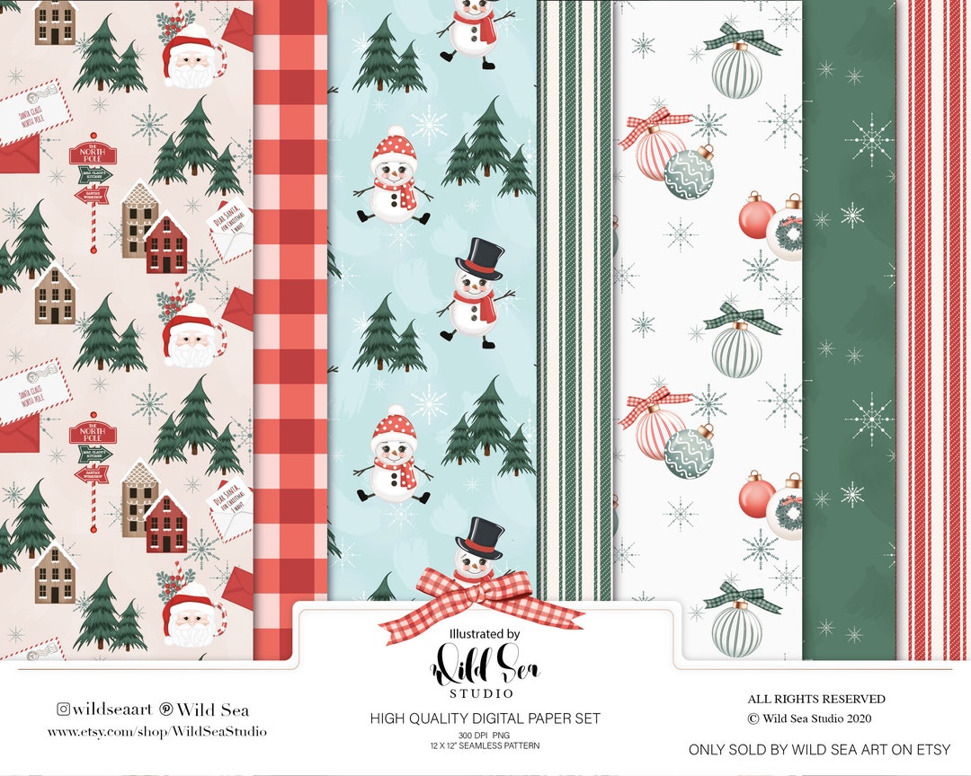 Christmas Digital Paper Set, Santa, Snowman, Ornaments, Holiday, Plaid ...