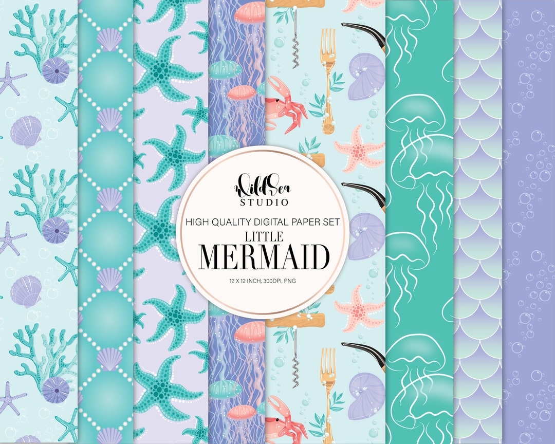 Little Mermaid Digital Paper Set, Nautical, Tropical, Summer, Shell ...