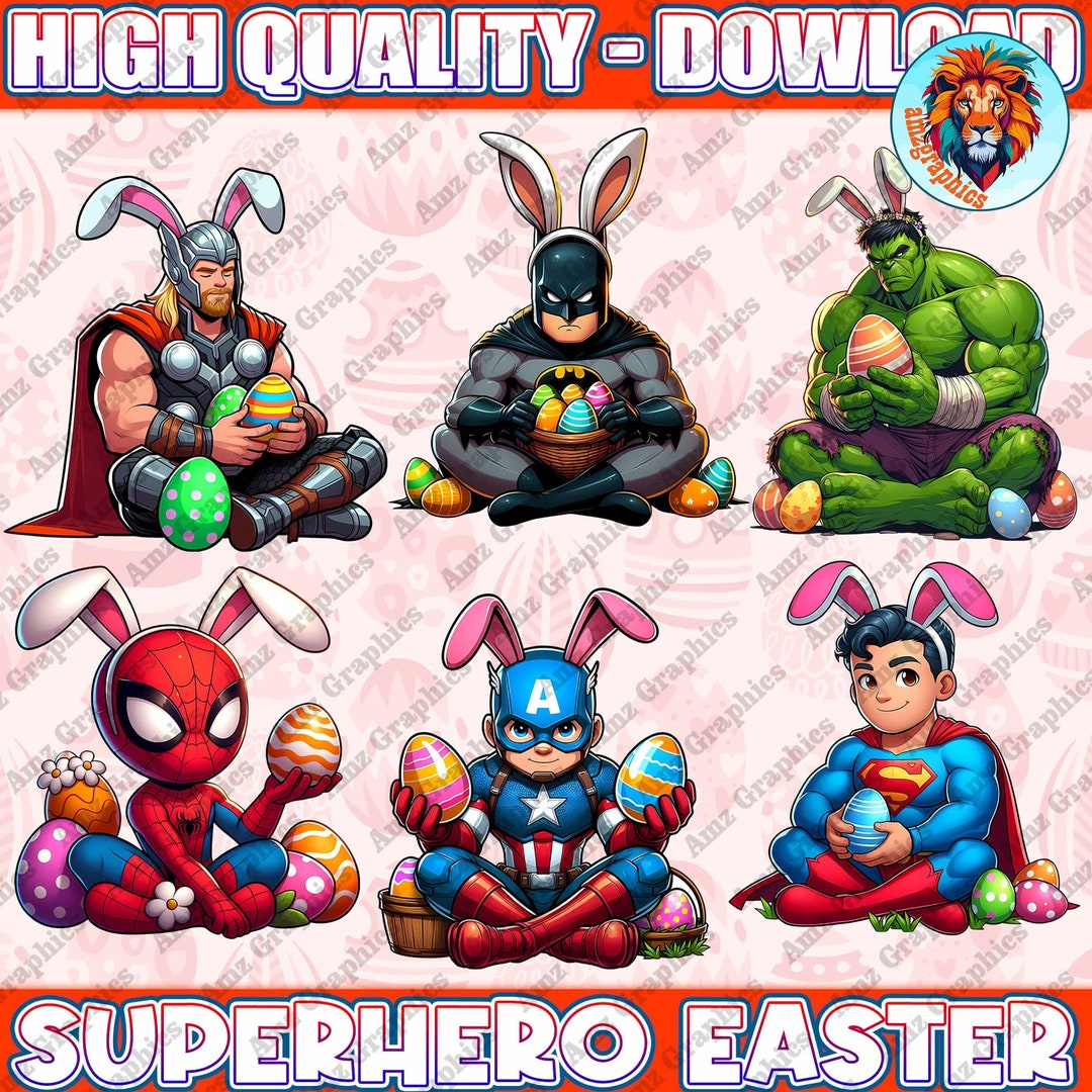 6 Funny Superhero Easter Cartoon Png Bundle, Cartoon Easter Png, Happy ...