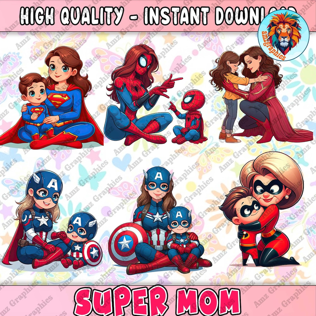 6 Cartoon Superhero Mama Png Bundle, Happy Mothers Day Png, Mom and ...
