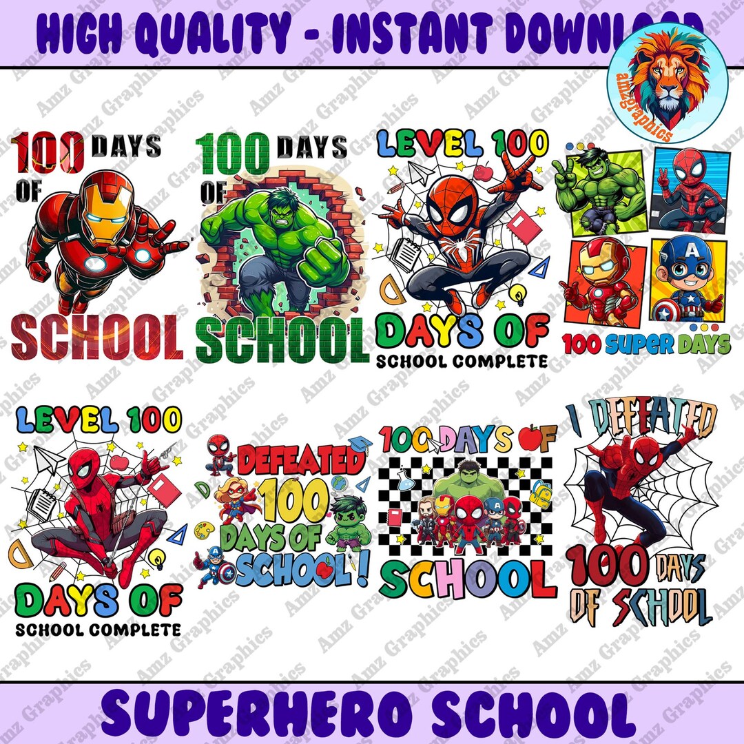 9 Cartoon 100 Days of School Superhero PNG, School 100th Day Cartoon ...